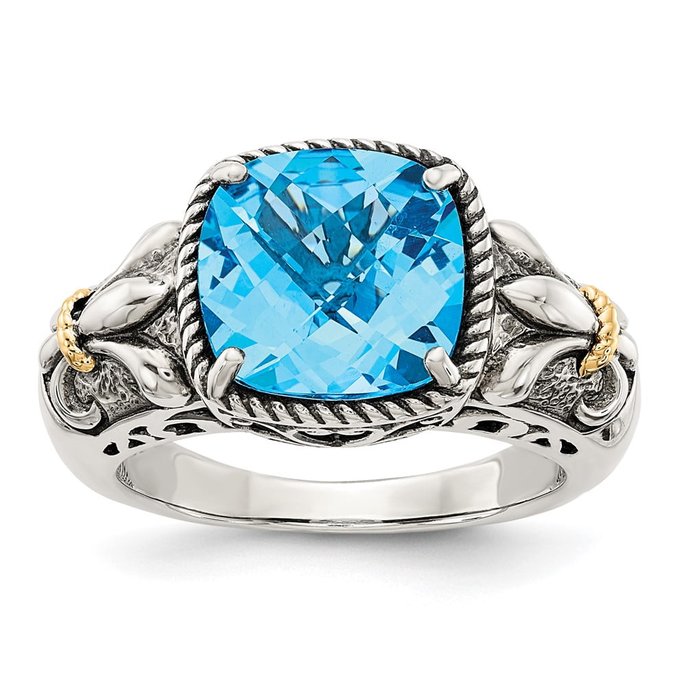 Shey Couture Sterling Silver with 14K Accent Antiqued Cushion Checkerboard Blue Topaz Ring ...