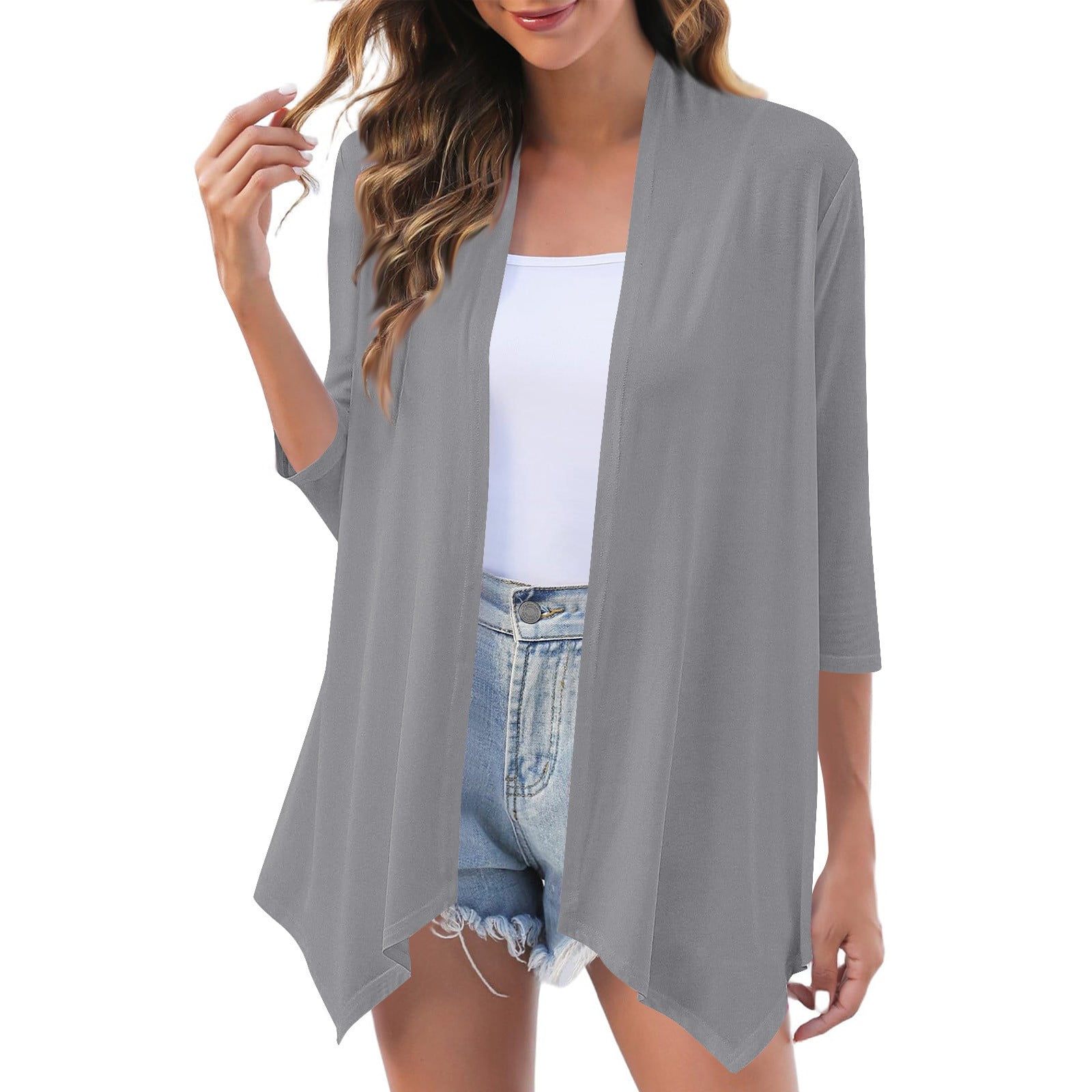 ShiShine Women's 3/4 Sleeve Draped Open Front Cardigan Casual Loose ...