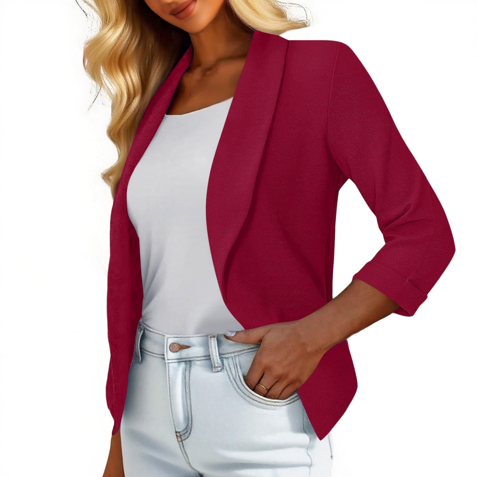 ShiShine Women's Casual Shawl Lapel Work Blazer Ruched 3/4 Sleeve Open ...