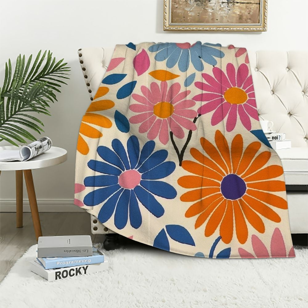 Shiartex 1970s Hippie Floral Throw Blanket, Retro Orange Pink Blue ...