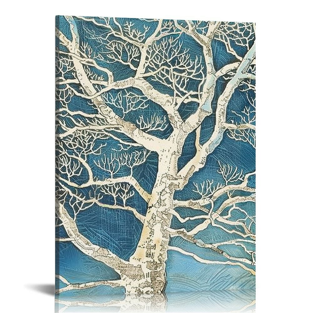 Shiartex Abstract Tree Wall Art, White Tree in the Blue Background ...