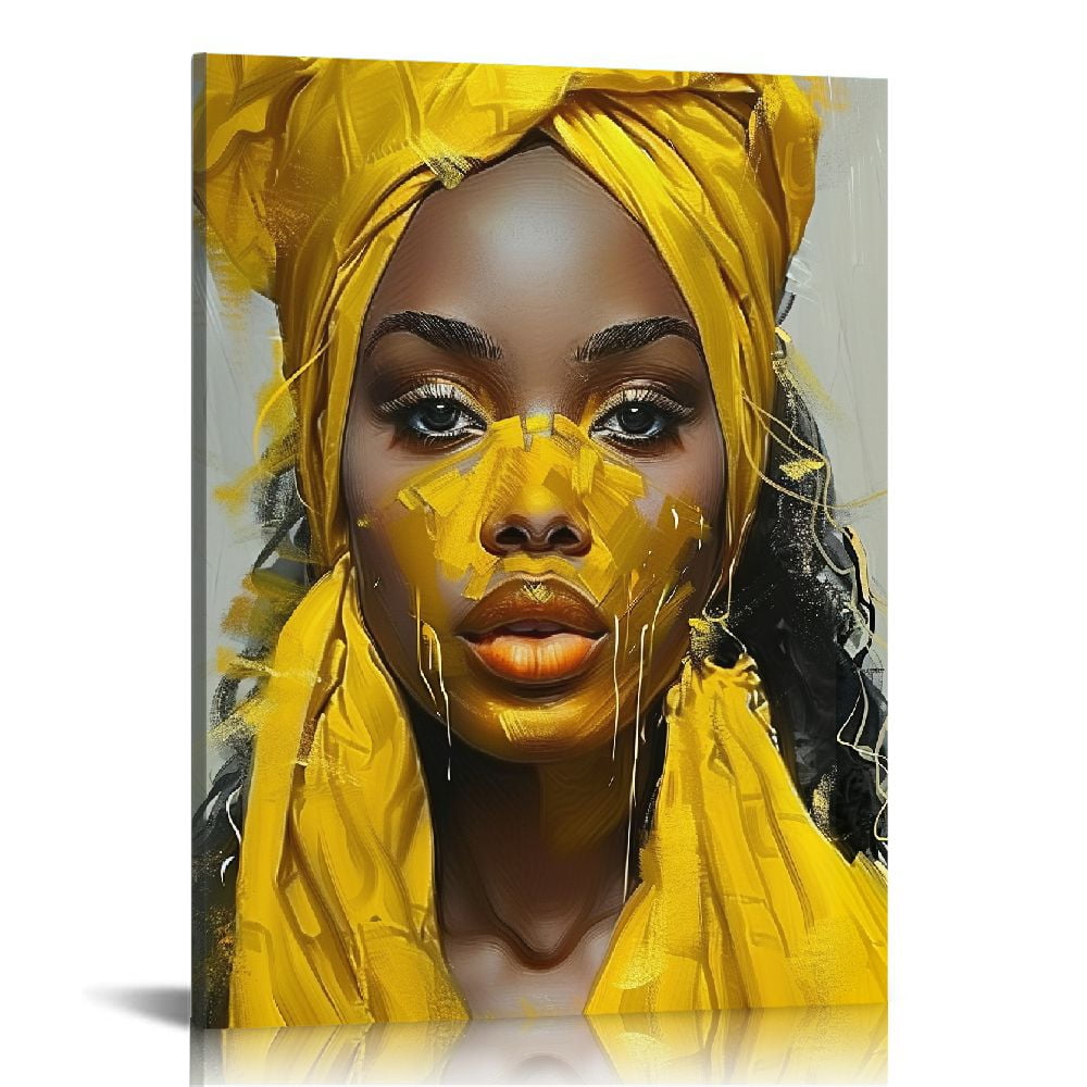 Shiartex African American Canvas Wall Art Black Women Yellow Hair Scarf Pictures Abstract Wall ...