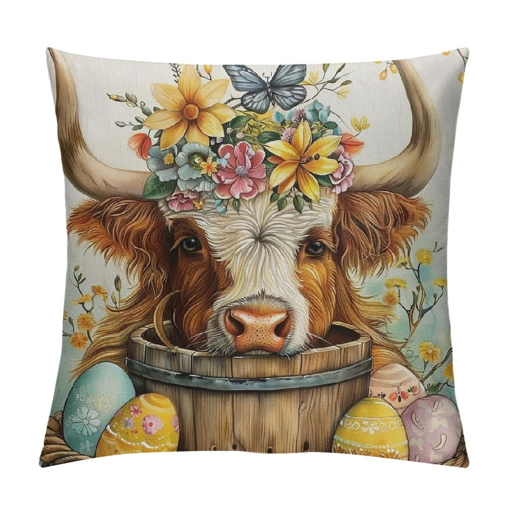 Shiartex AnyDesign Easter Pillow Covers Watercolor Highland Cow Flowers ...