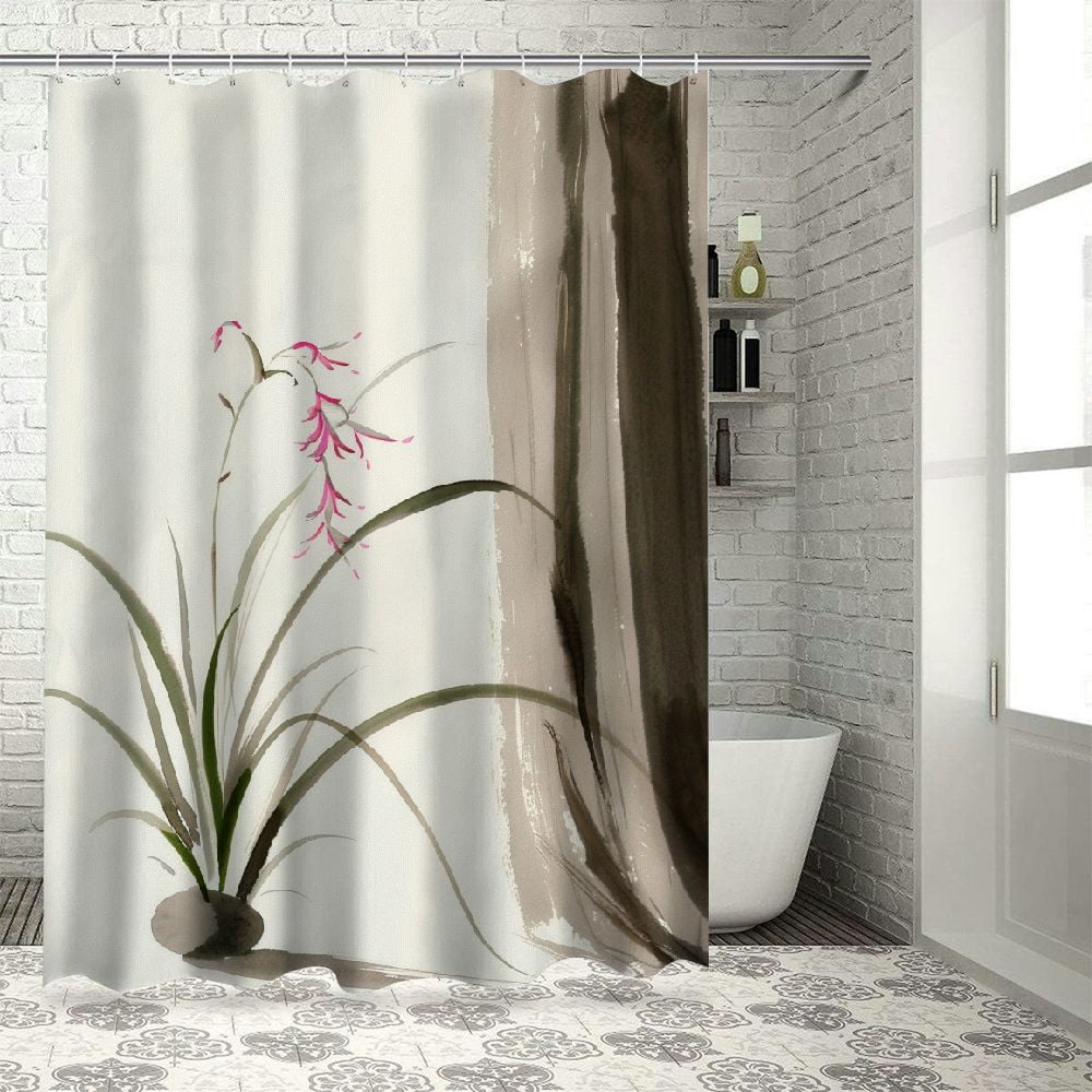 Shiartex Art Shower Curtain, Traditional Ink Orchid Flower Drawing ...