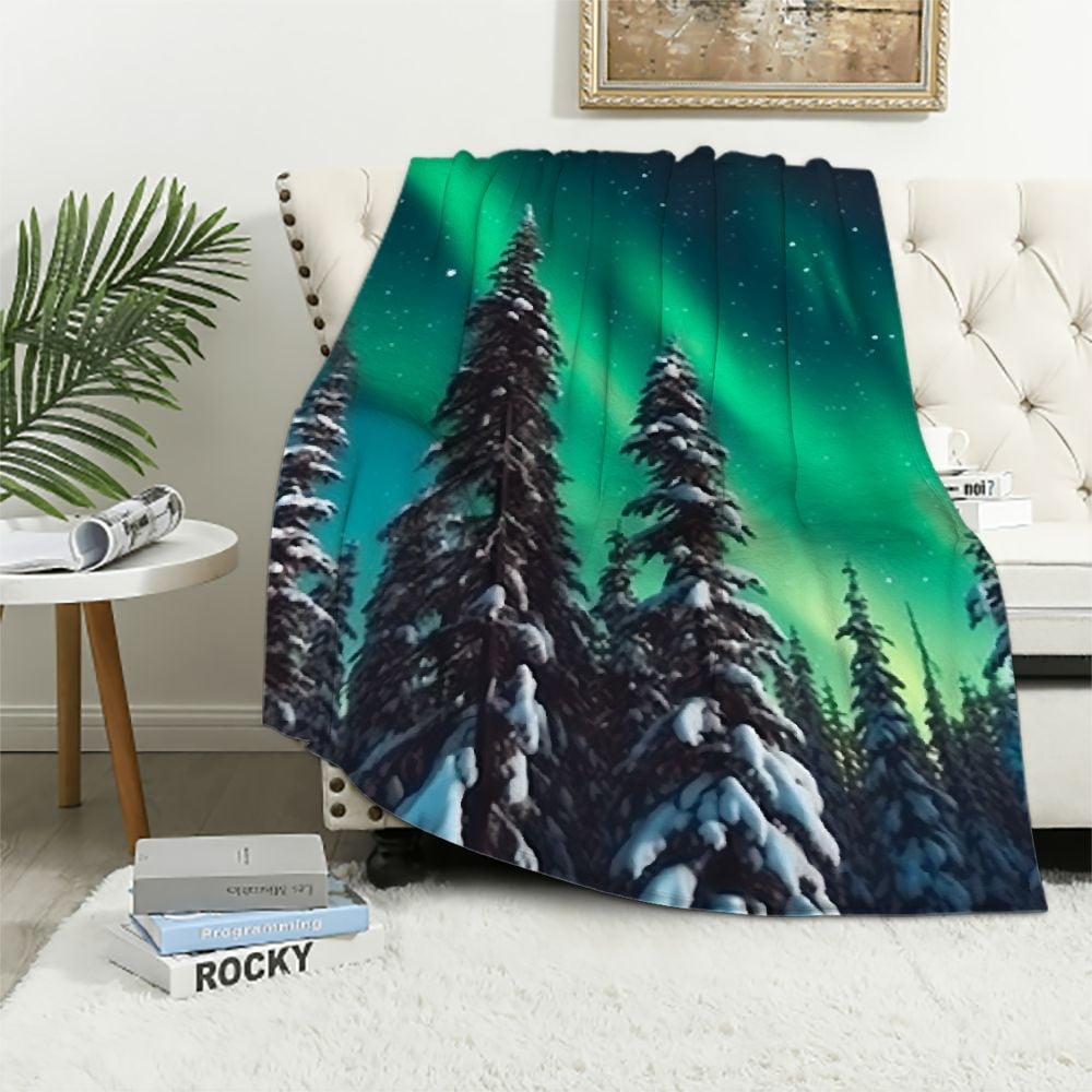 Shiartex Aurora Borealis Trees Snow Print Flannel Throw Blanket for All ...