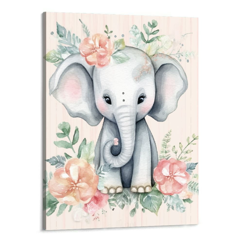 Shiartex Baby Elephant Canvas Wall Art Animal Flower Picture Nursery ...