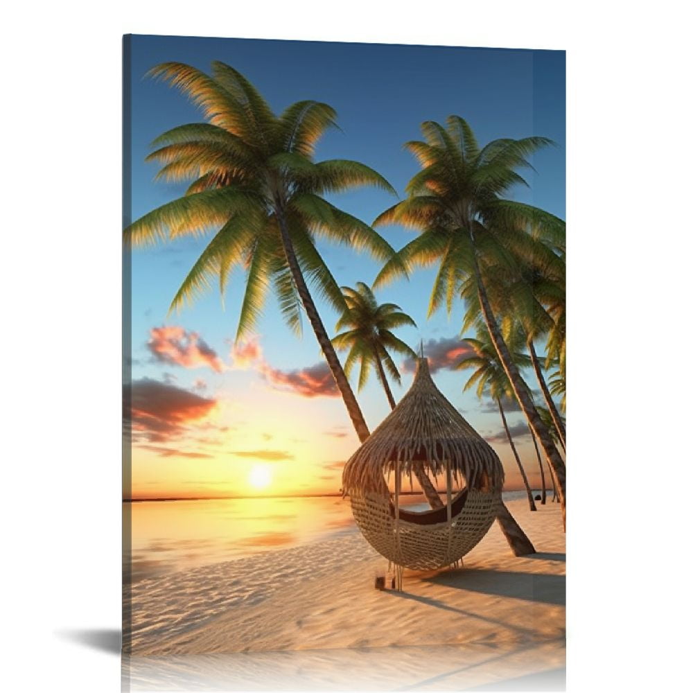 Shiartex Beach Seaside Canvas Wall Art: Coastal Coconut Trees Painting ...