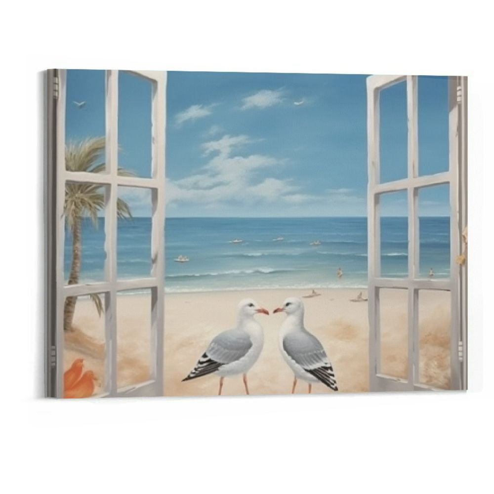 Shiartex Beach View With Window Art Coastal Bird Pictures Window View ...