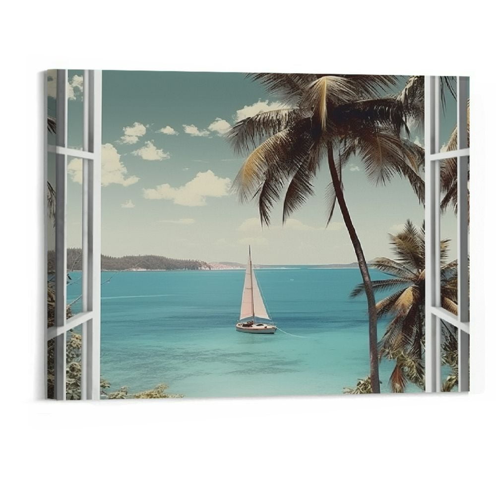 Shiartex Beach Window Canvas Wall Art: Ocean seaside Picture Tropical ...