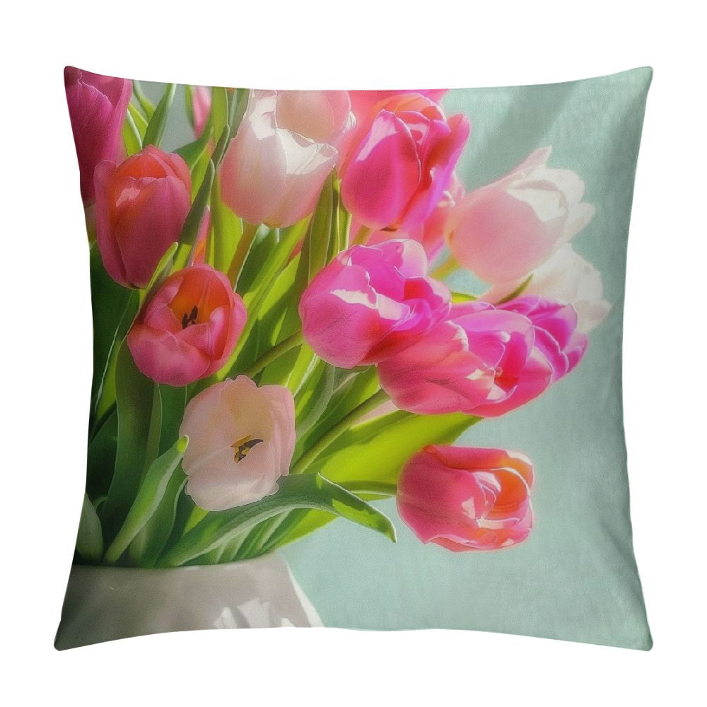 Shiartex Beautiful Pink Tulips Pillow Covers Square Decorative Throw Pillow Covers Cushion Case ...
