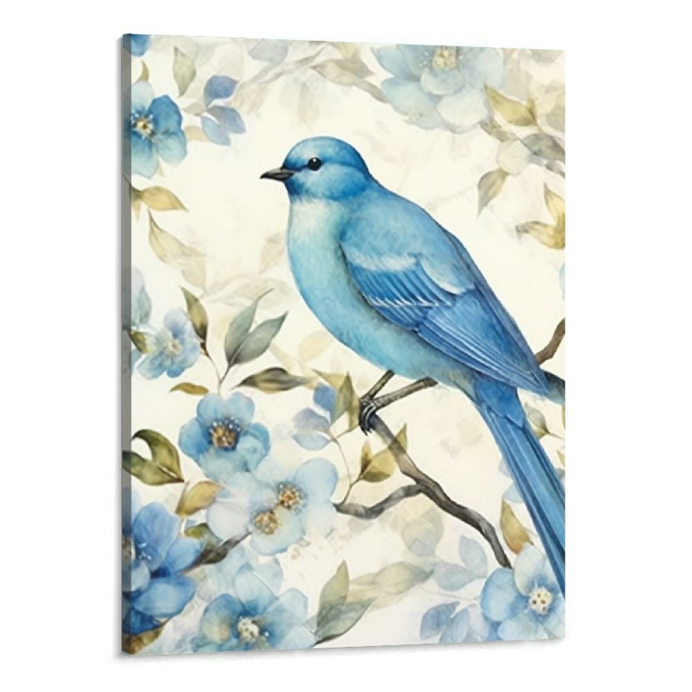 Shiartex Birds and Flowers Canvas Wall Art Print Picture Abstract Navy ...