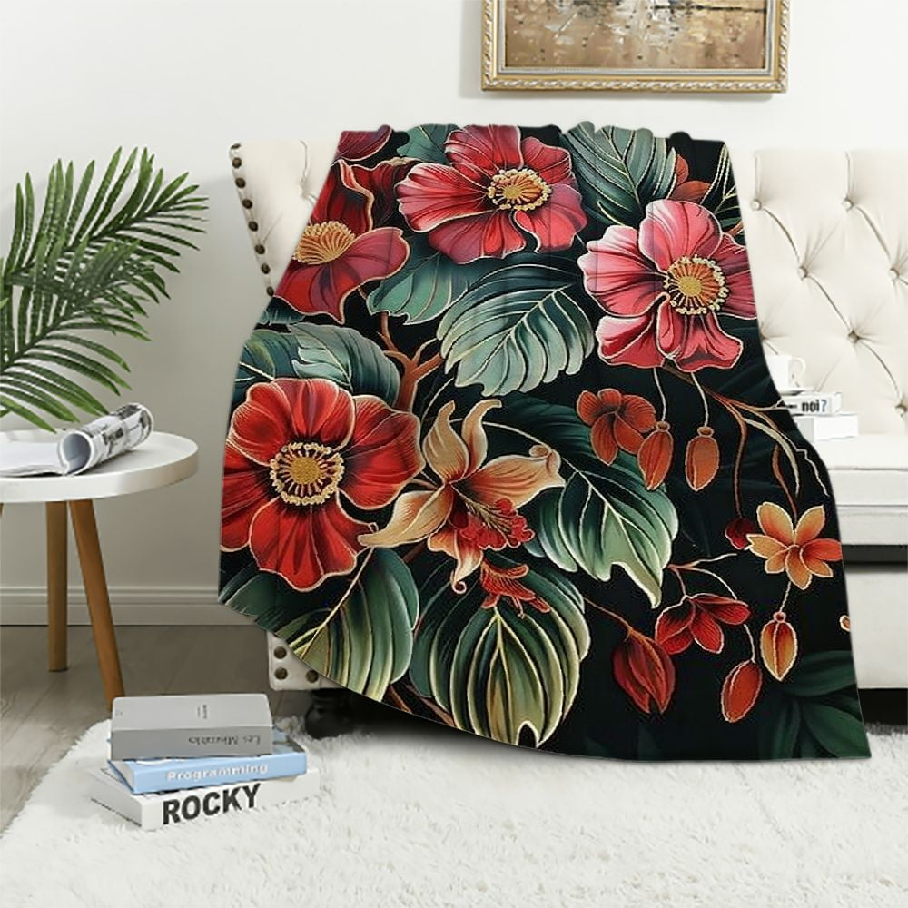 Shiartex Black and Pink Tropical Print with Red Orchids Blanket ...