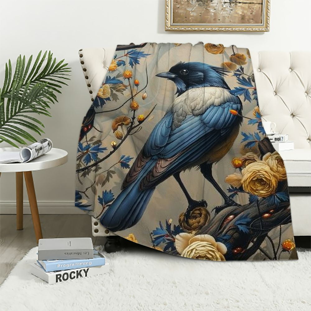 Shiartex Blanket Fine Crafted Yellow Dusty Blue Grey Bird Flower Soft ...