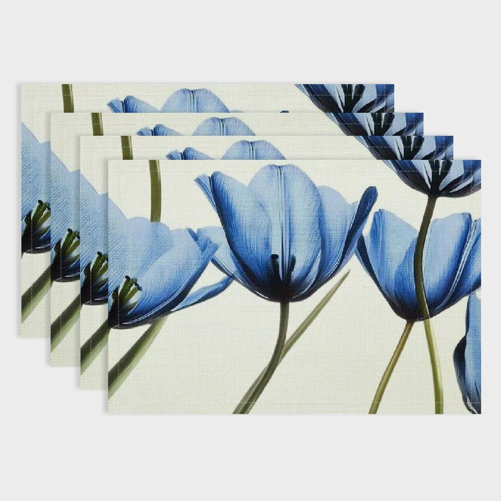Shiartex Blue Flowers Green Stems White Background Linen Table Mats ...
