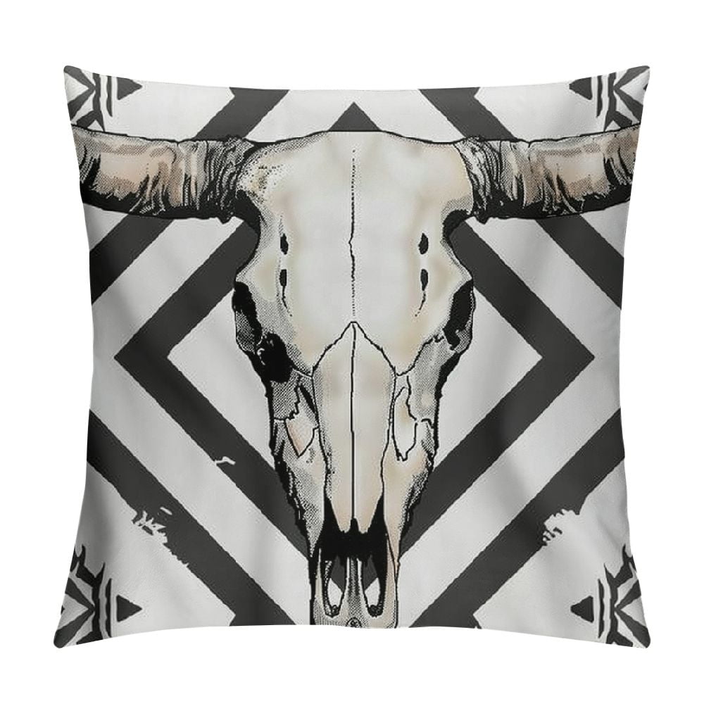 Shiartex Boho Cow Print Aztec Western Bull Skull Soft Throw Pillow ...