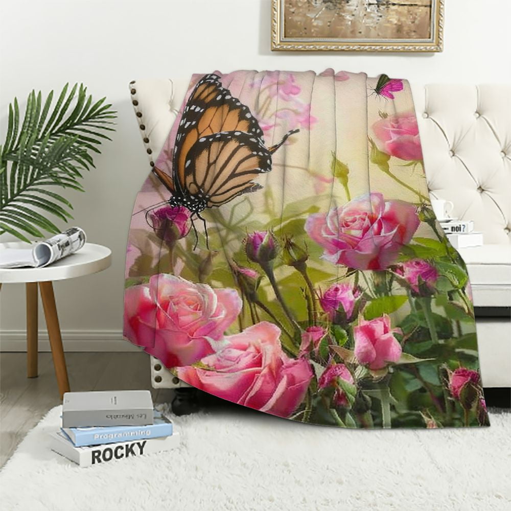 Shiartex Soft Pink Butterfly Roses Flannel Throw, 40" 50" - Walmart.com