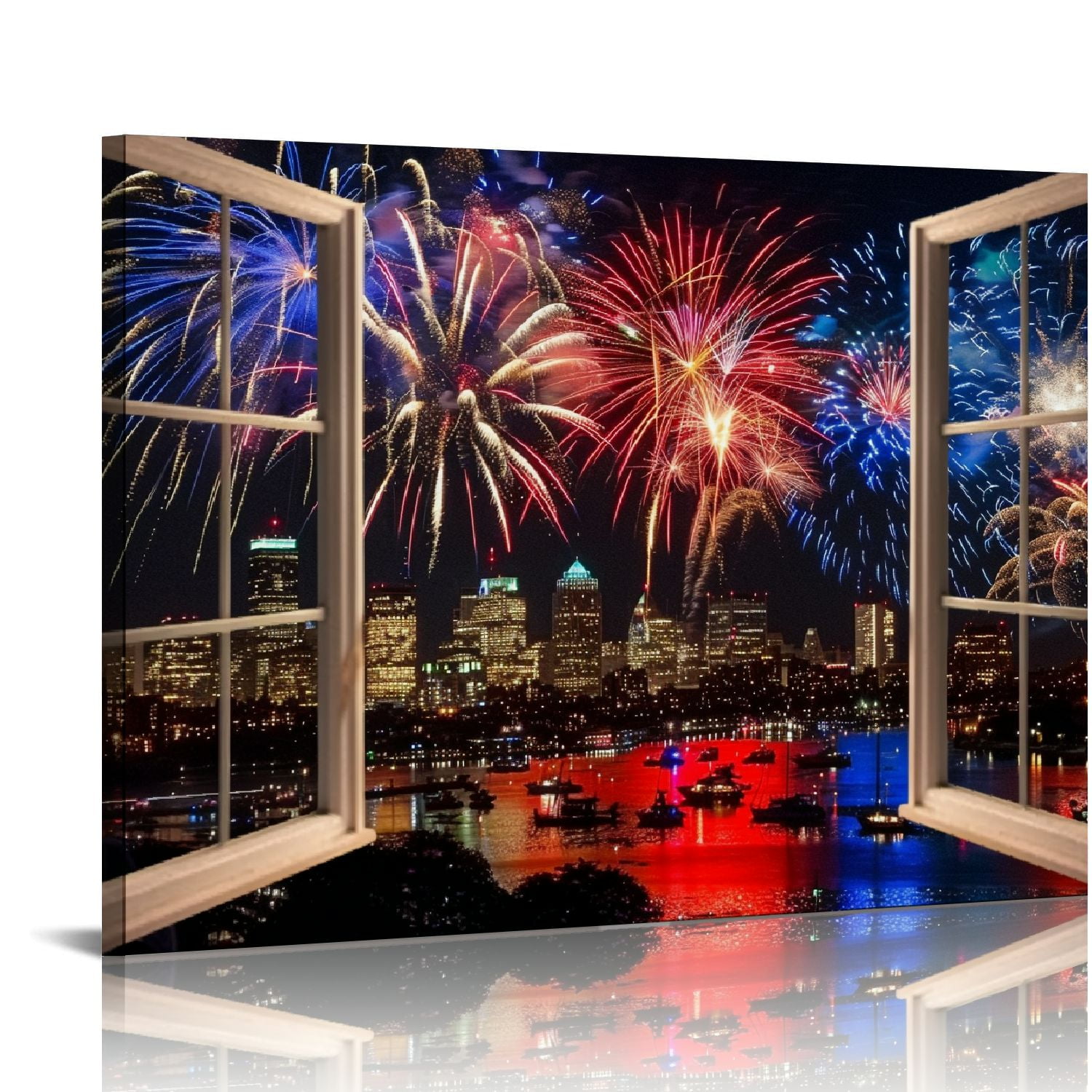Shiartex Canvas Print Wall Art Window View 4th of July NYC Harbor Fireworks Celebrations ...
