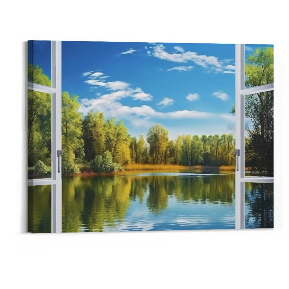 Shiartex Canvas Print Wall Art Window View Forest Cloudy Blue Sky Lake ...