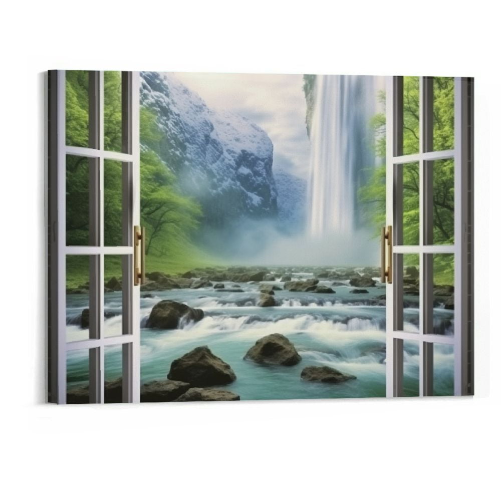 Shiartex Canvas Print Wall Art Window View Icelandic Waterfall Forest ...