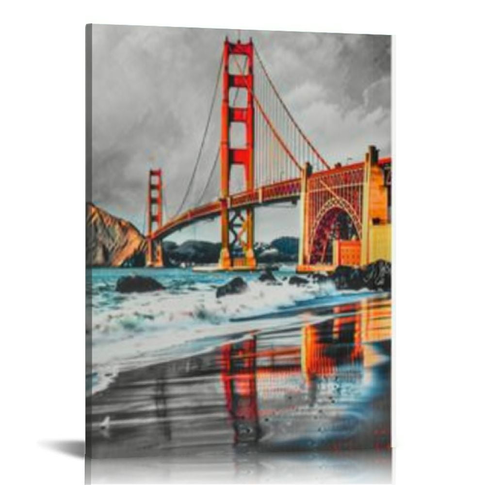 Shiartex - Canvas Prints Wall Art Black and White Red Golden Gate ...