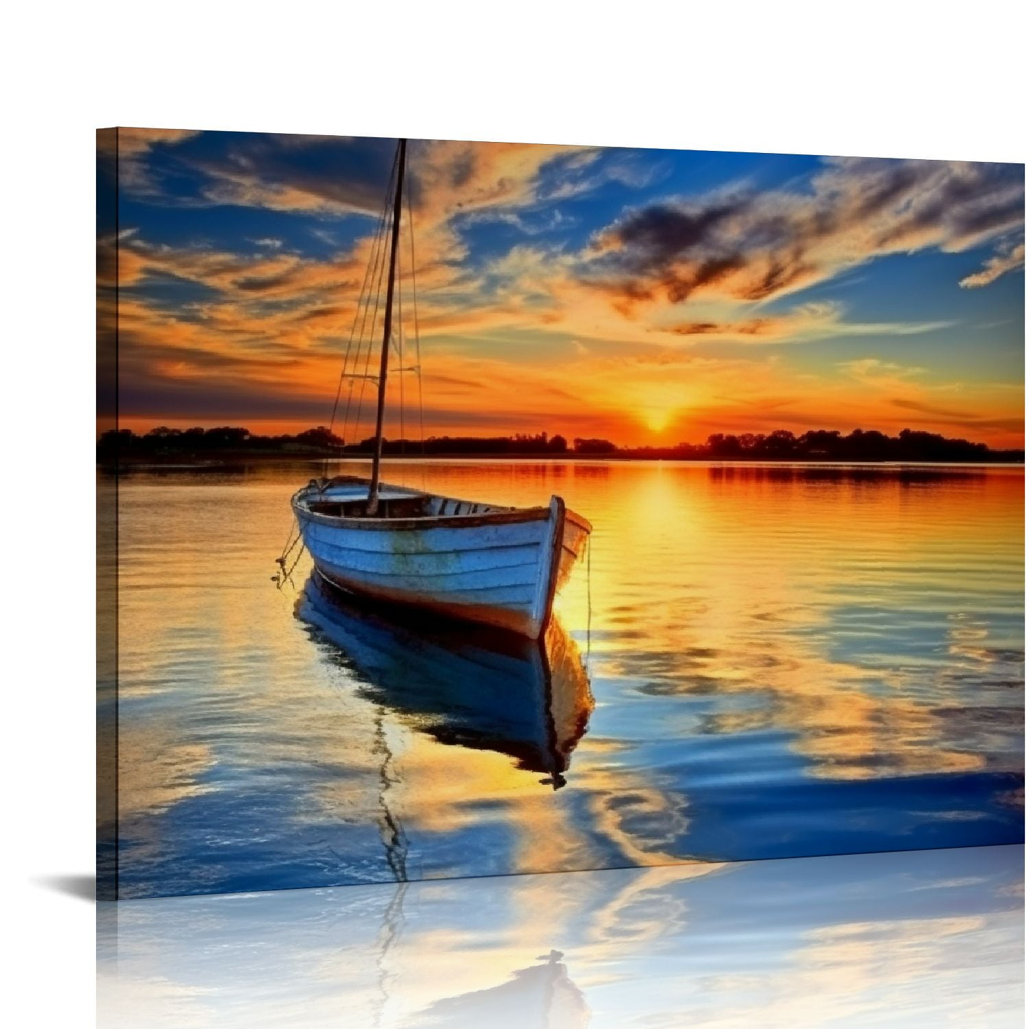 Shiartex Canvas Wall Art Boat Blue Lake Water Sunset Panoramic Painting ...