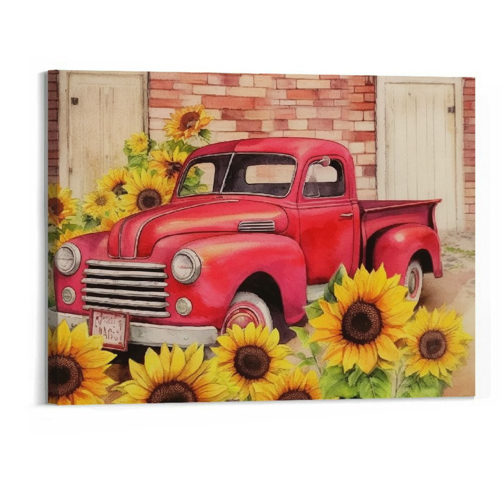 Shiartex Canvas Wall Art Retro Red Farm Truck Yellow Sunflower,Oil ...