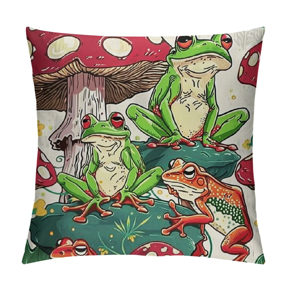 Shiartex Cartoon Frog Pillow Cover Farmhouse Style Red Wild Mushroom Square Throw Pillow Cover ...