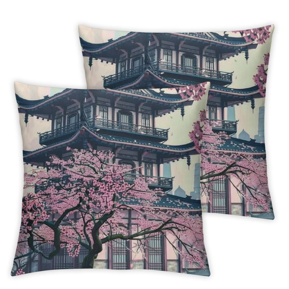 Shiartex Chinoiserie Garden Scenery Pillow Covers Blue Pagoda Coral ...