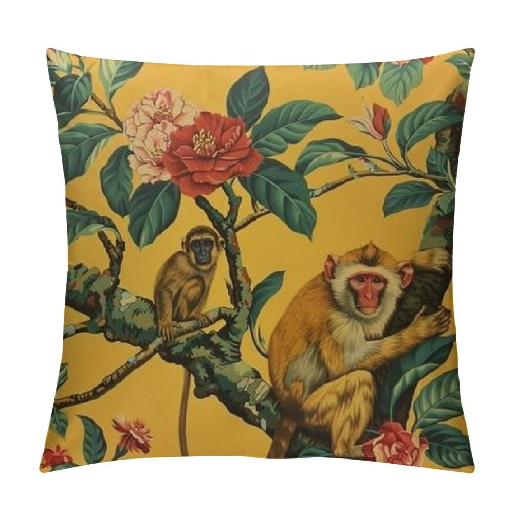 Shiartex Chinoiserie Monkey World Yellow Decorative Pillow Covers Cozy ...