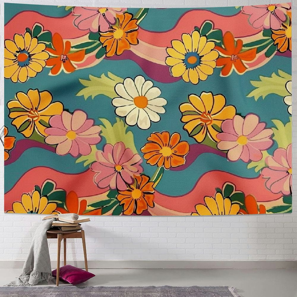 Shiartex Colorful Retro Boho Floral Tapestry Vintage Flowers Wall ...