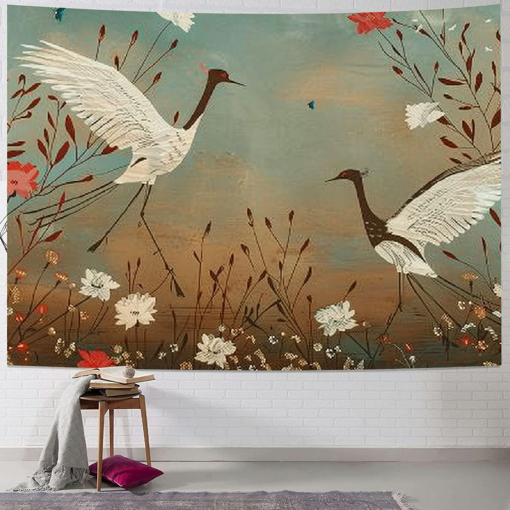 Shiartex Crane Tapestry Vintage Chrysanthemums Japanese Traditional ...