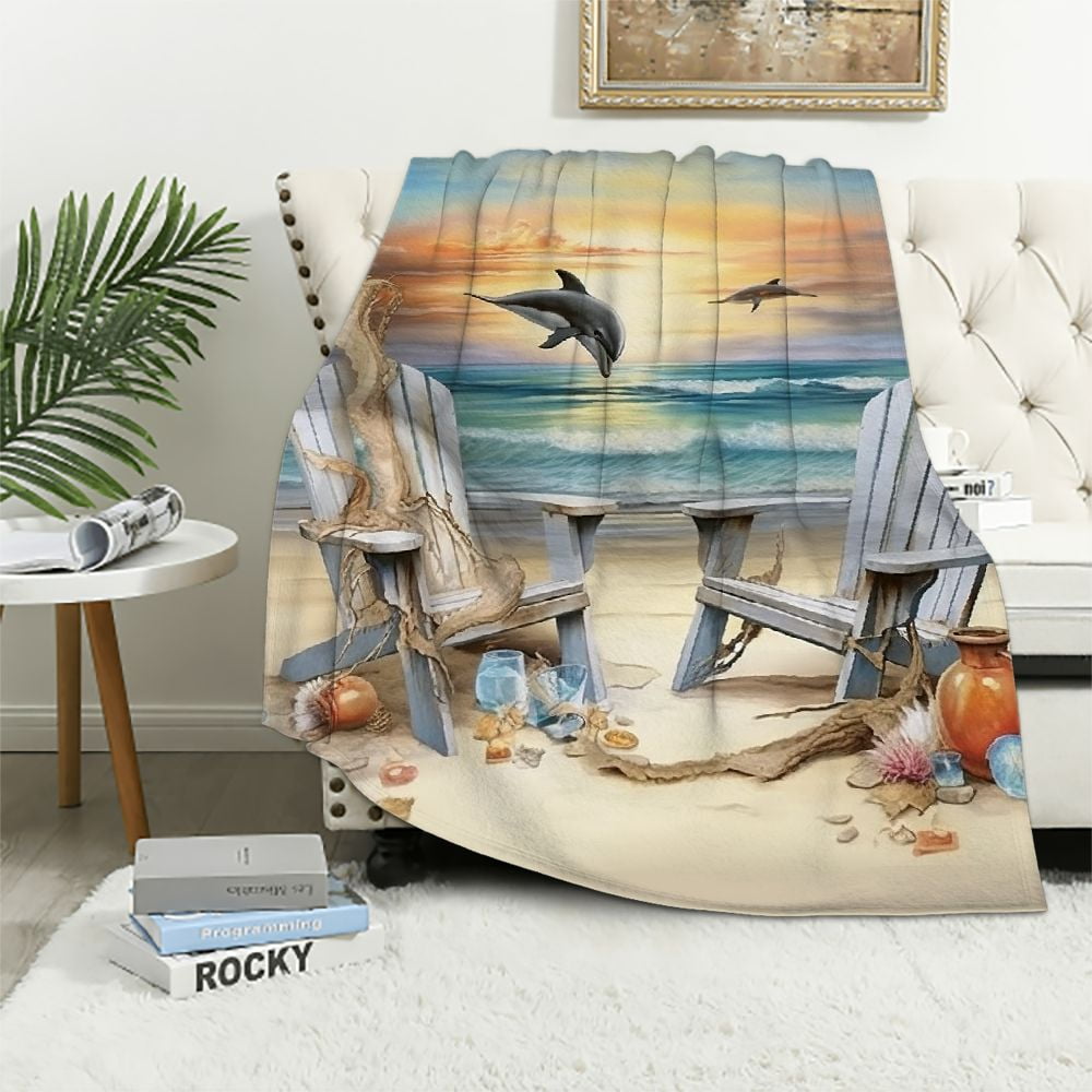 Shiartex Dolphin Seagull Seashells Throw Blankets Cozy Flannel Travel ...