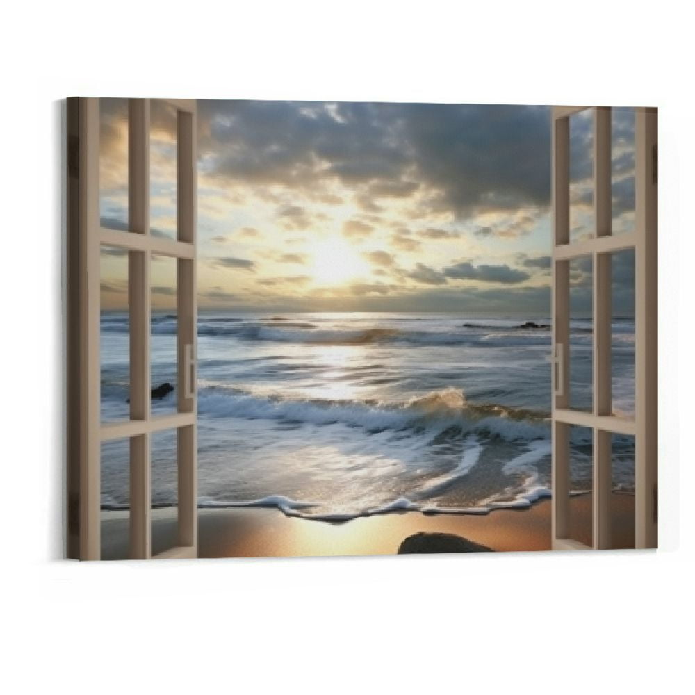 Shiartex Fake Window Coastal Wall Art: Rocky Beach Artwork Lake Under ...