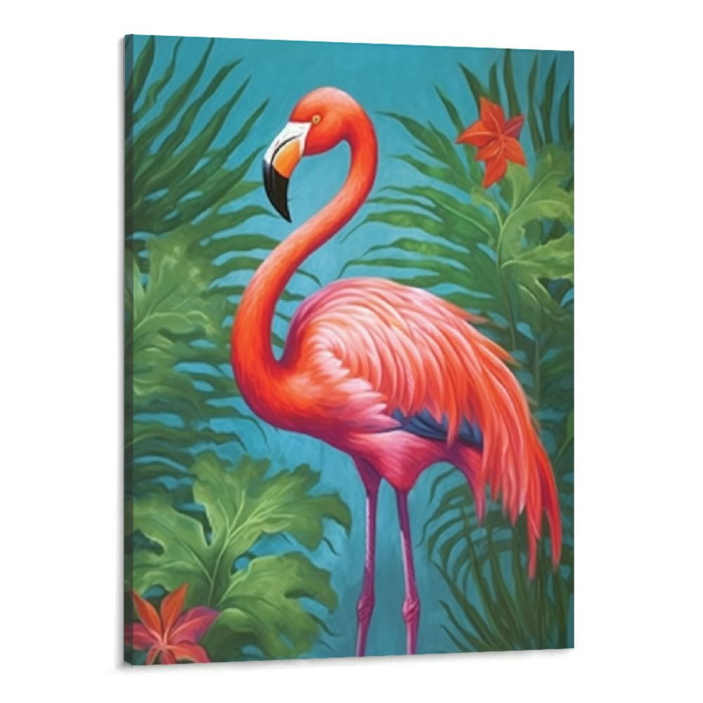 Shiartex Flamingo Canvas Wall Art Green Tropical Plant Orange Floral ...
