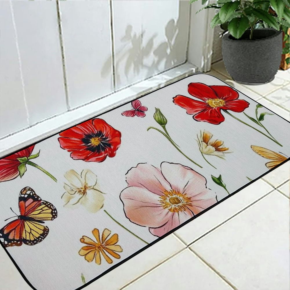 Shiartex Flowers Butterflies Stems Floor Mat Entryway Hallway Square ...