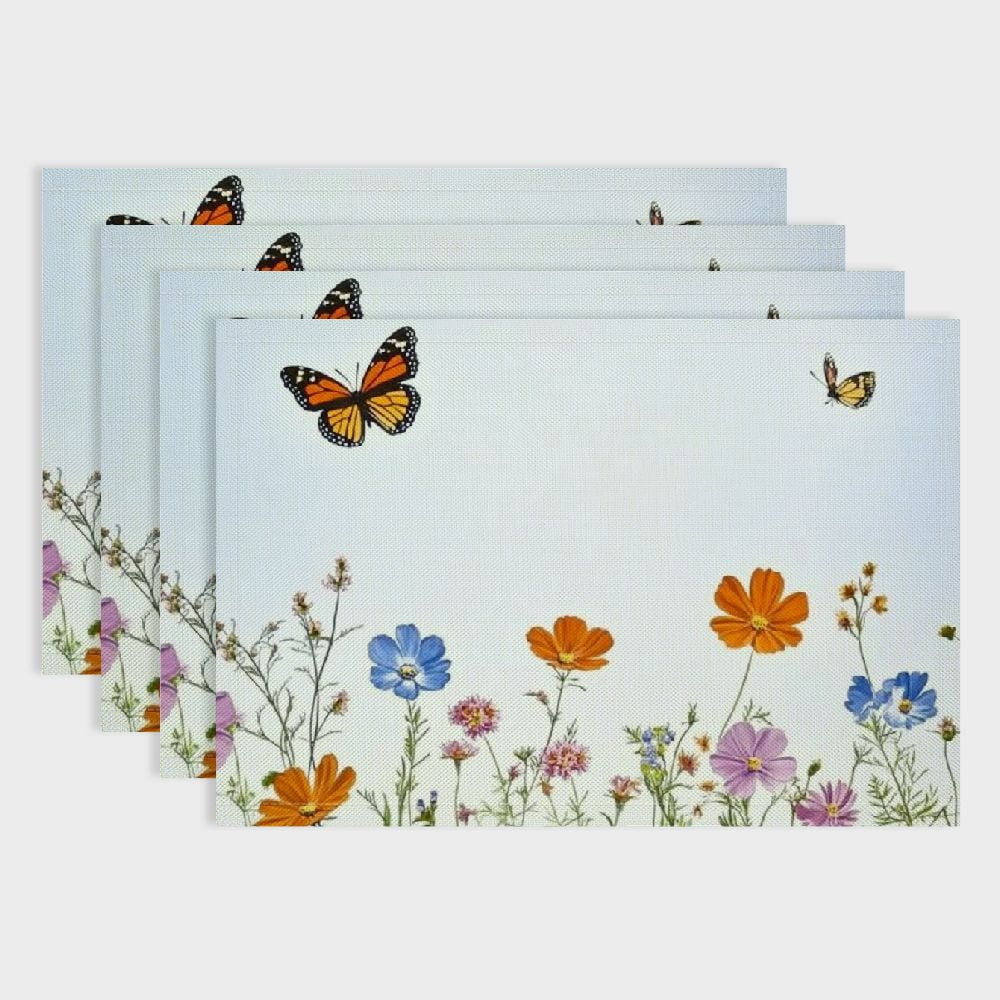 Shiartex Flowers Butterfly Blue Sky Linen Placemats for Dining Table ...