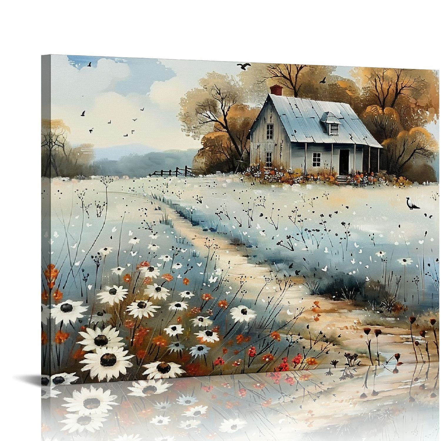 Shiartex Framed Rustic Farmhouse Canvas Wall Art Beautiful Field ...