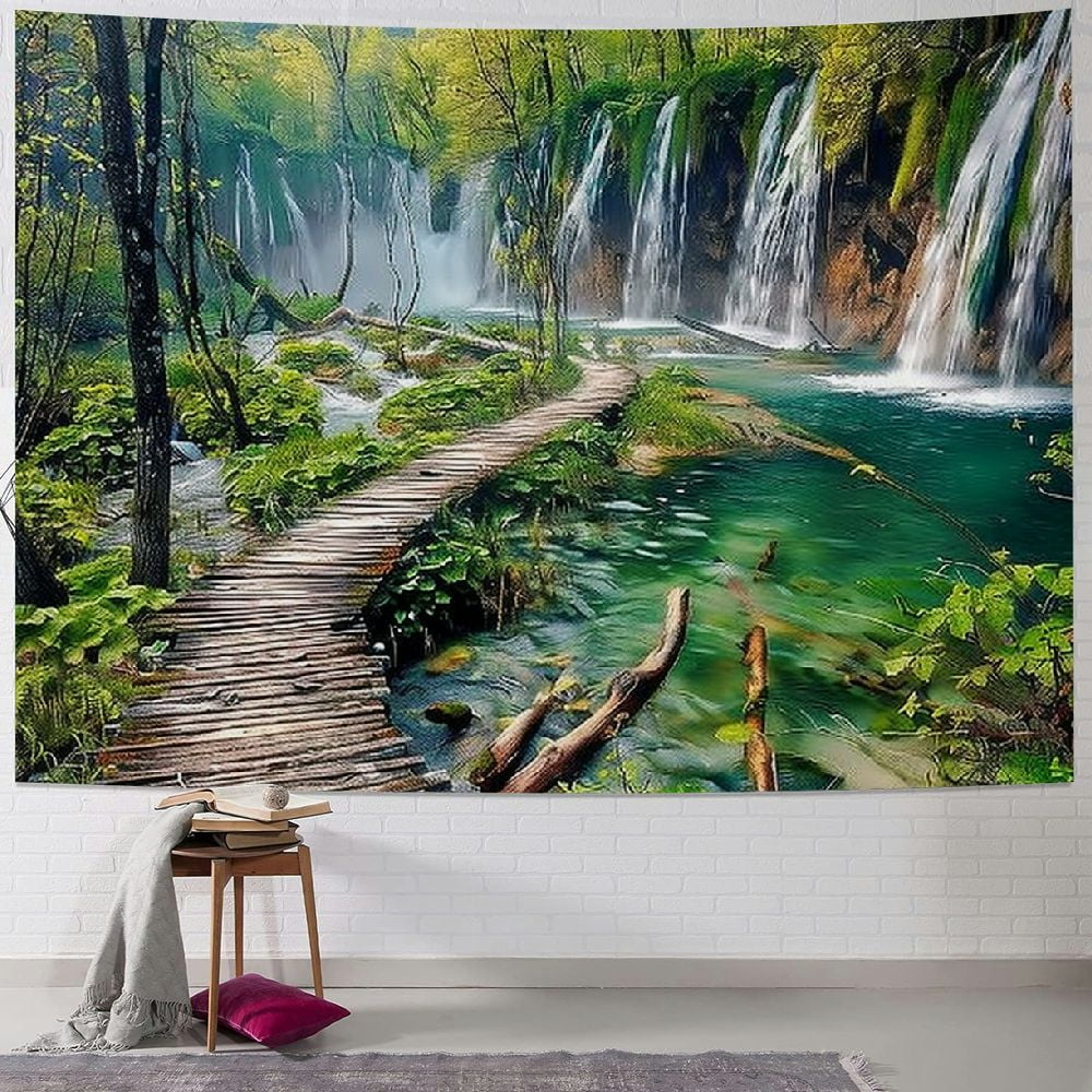 Shiartex Green Nature Tapestry, Waterfall Rainforest River Wooden ...