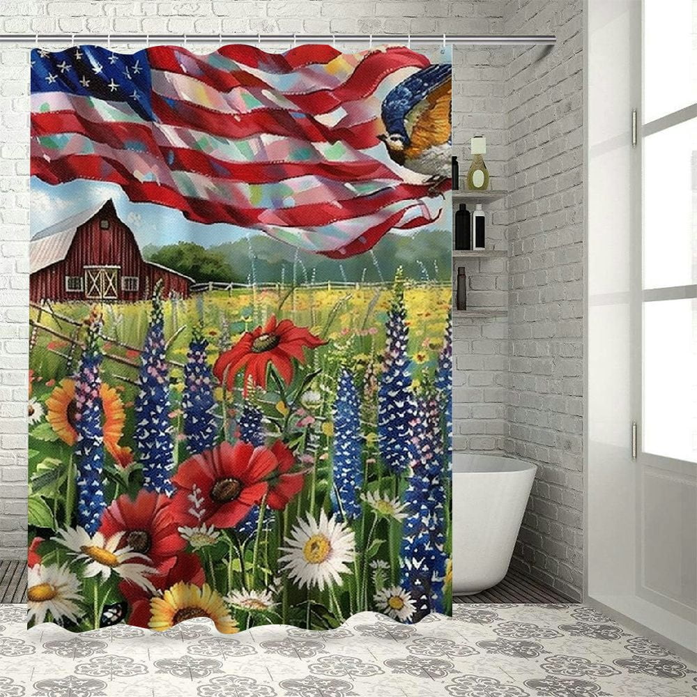 Shiartex Happy Independence Day Shower Curtain American Flag Flying and ...