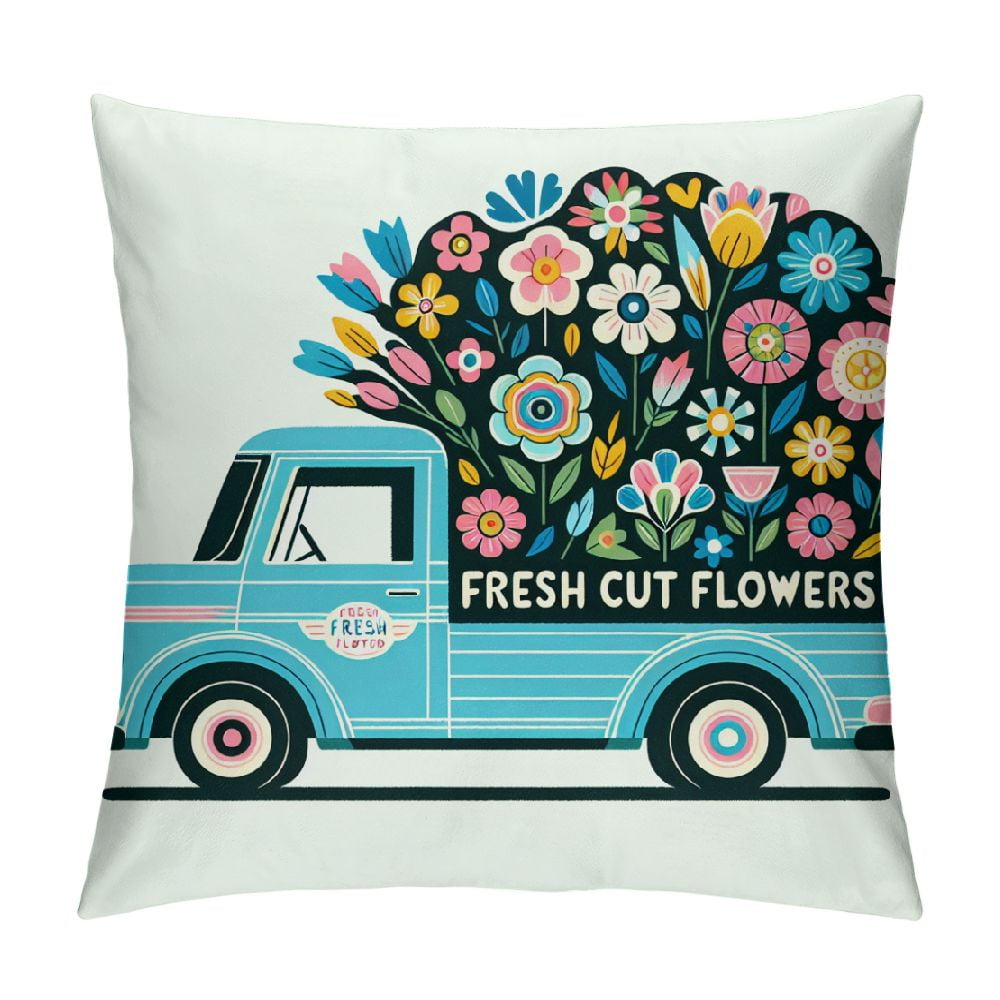 Shiartex Hello Spring Pillow Covers 18x18 Inch , Floral Flowers Truck ...
