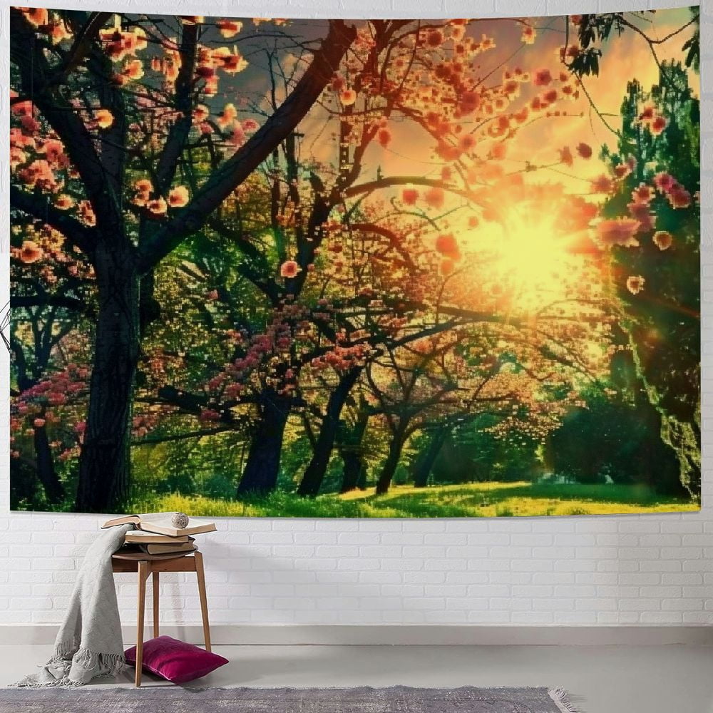 Shiartex Japanese Garden Tapestry, Cherry Blossom Grass Flower Tree ...