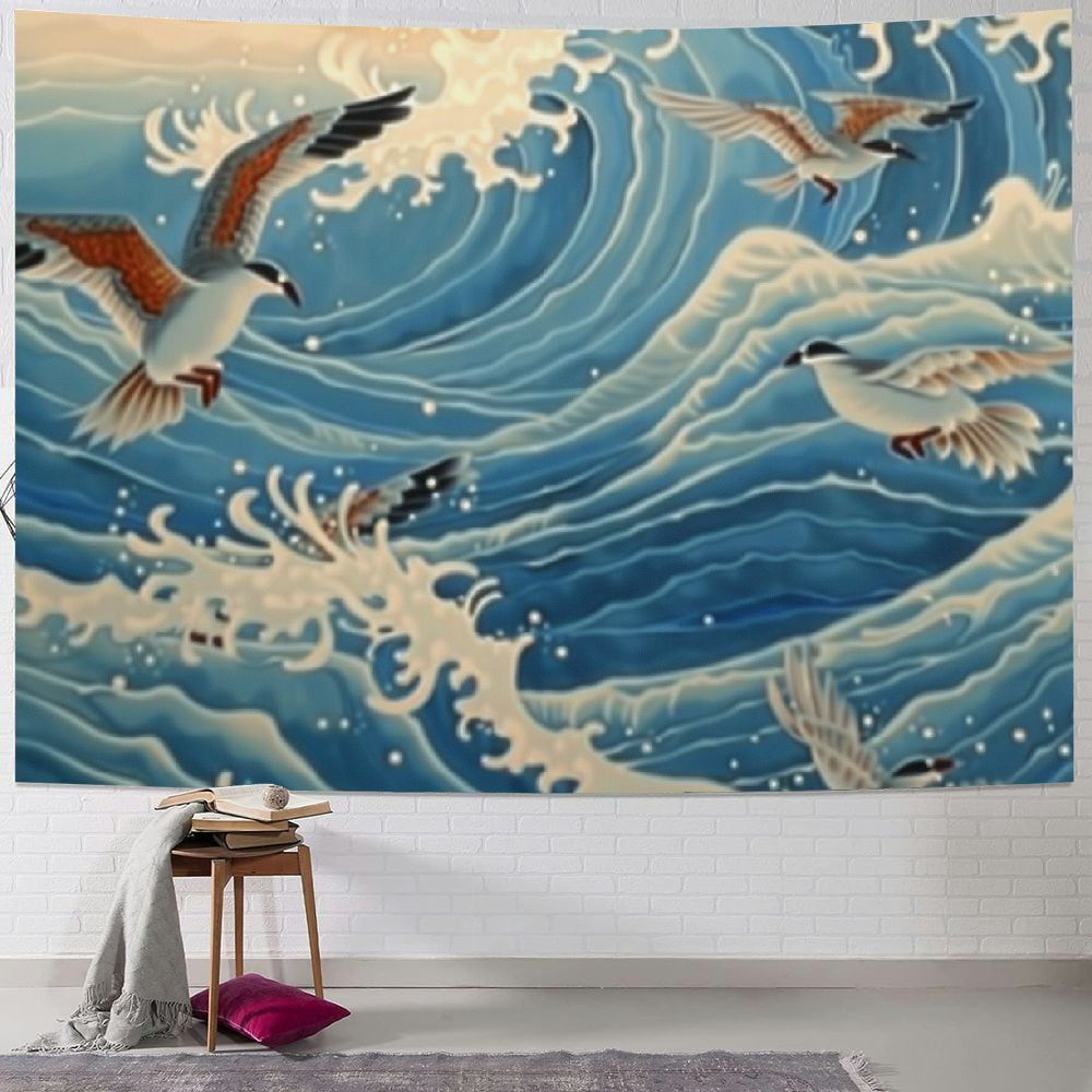 Shiartex Japanese Wave Tapestry Photo Backdrop Oriental Sea Cranes ...