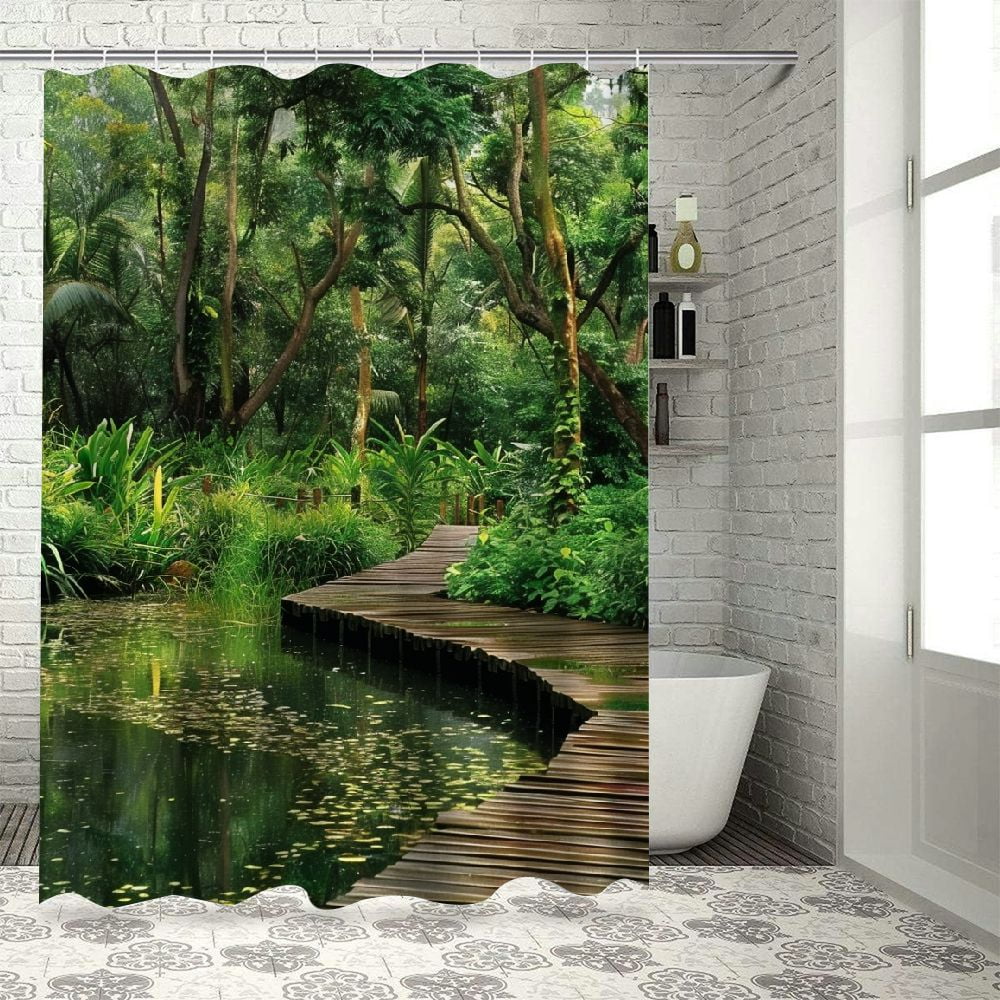 Shiartex Jungle Shower Curtain, Deep Forest with Wooden Pier and River ...