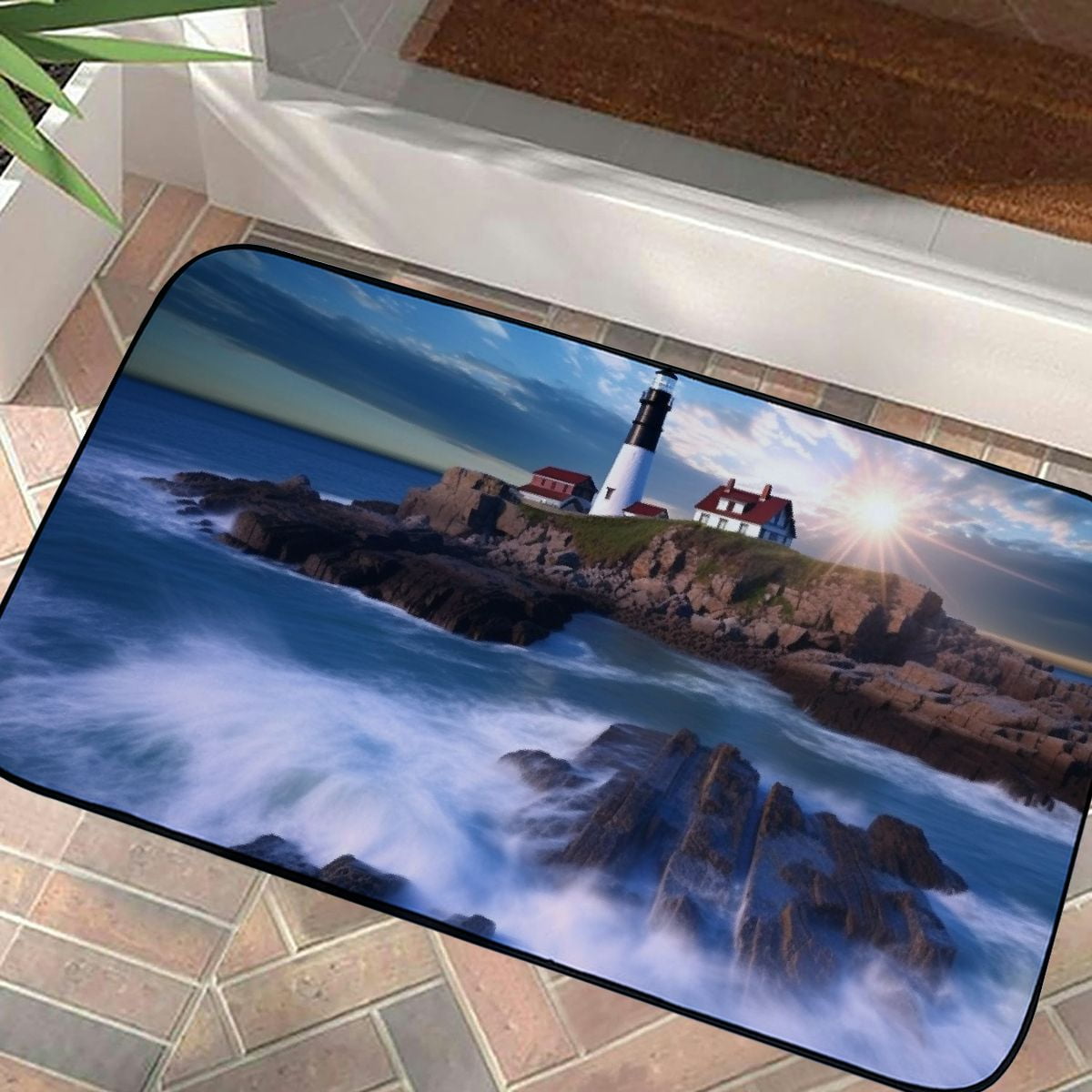 Shiartex Lighthouse Rocky Shore Waves Kitchen Door Mats Square Floor ...
