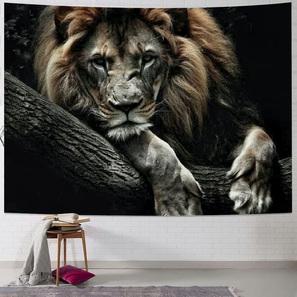 Shiartex Lion Tapestry, Wild Animal African Lion on Black Background ...