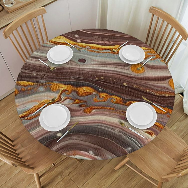 Shiartex Marble Fitted Tablecloth Round, Brown Marble Elastic Edge ...