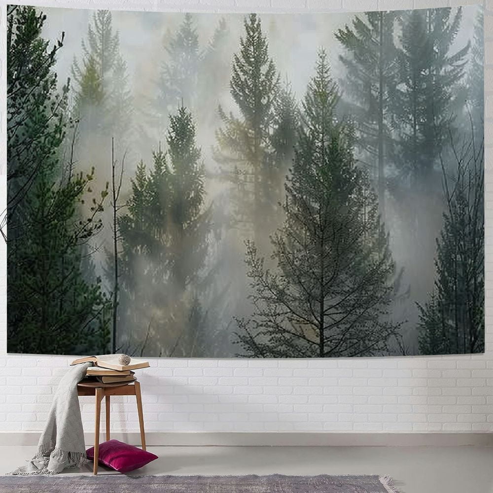 Shiartex Misty Forest Tapestry Foggy Mountain Pine Tree Jungle Mysterious Magical Nature ...
