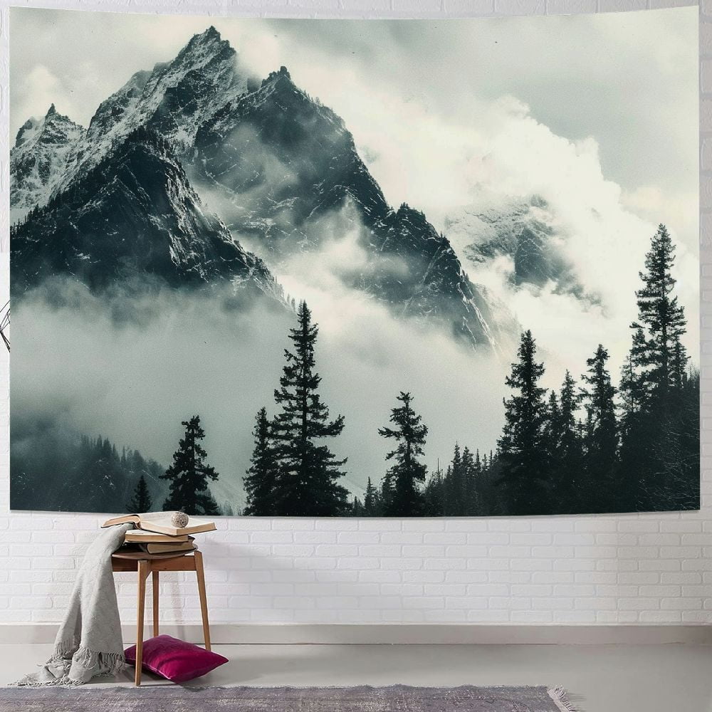 Shiartex Misty Mountains Tapestry Forest Trees Wall Hanging Black and ...