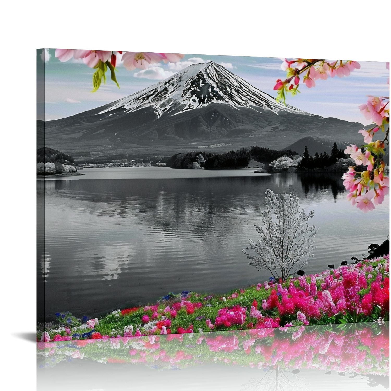 Shiartex Mount Fuji Canvas Wall Art Decor Pink Cherry Blossom Mountain over Lake Pictures ...