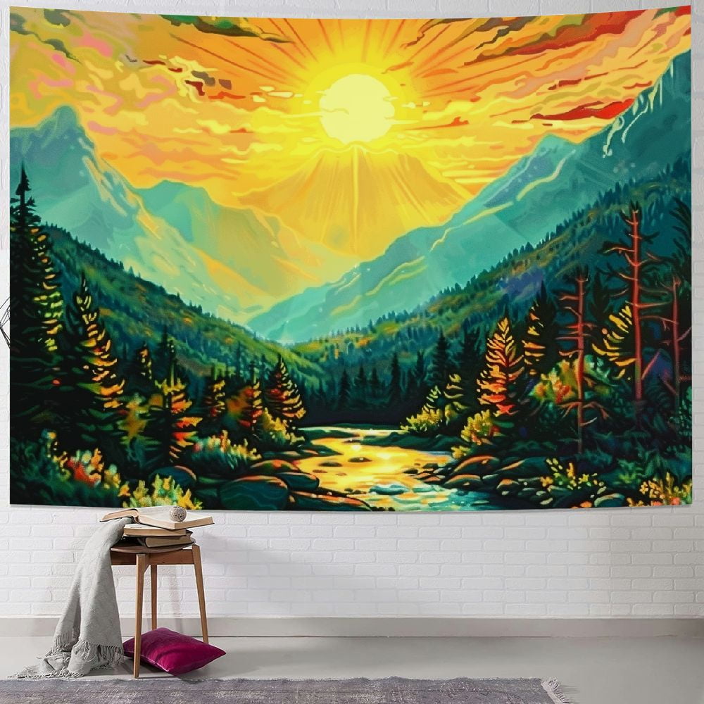 Shiartex Mountain Sun Tapestry Trippy Forest Tree Tapestries Nature ...